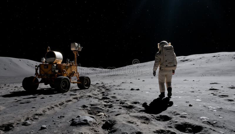 Astronaut Exploring Moon Surface with Lunar Rover Under Starry Sky ...
