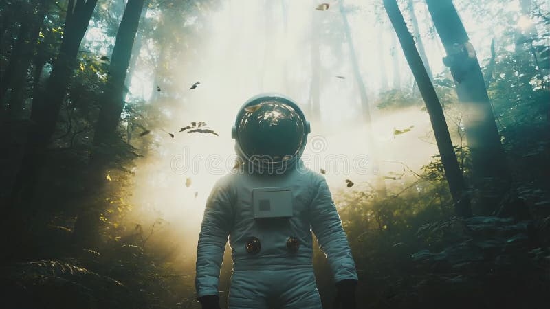 Astronaut Exploring Mystical Forest with Sunlight and Floating Leaves ...