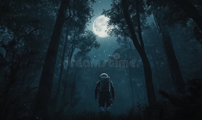 Astronaut Exploring Mystical Forest Under Full Moon Stock Photo - Image ...