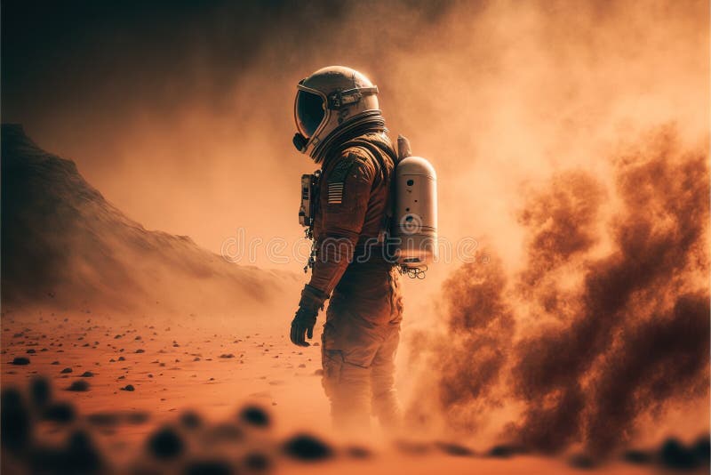 Astronaut Exploring Planet Mars with Dust and Mountains, Created Using ...