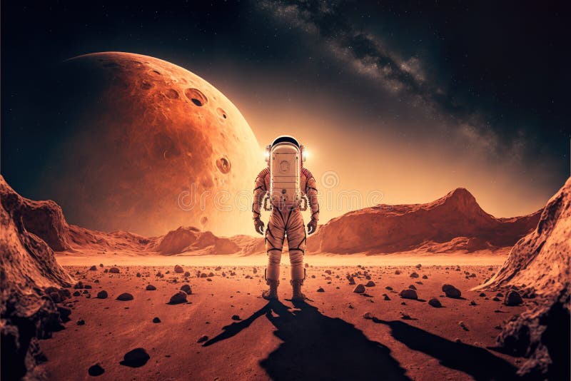 Astronaut Exploring Planet Mars with Mountains, Created Using ...