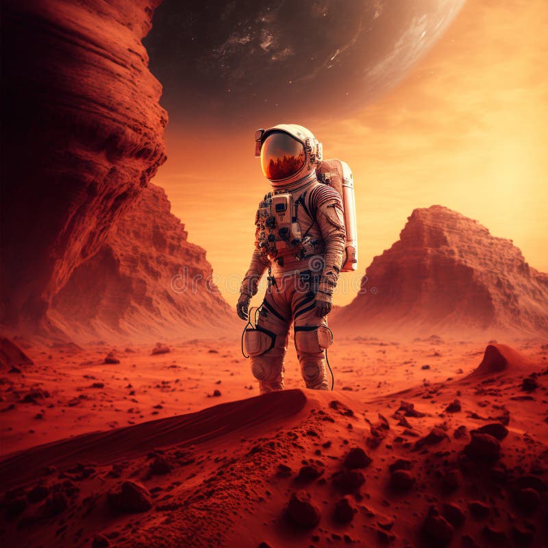 Astronaut Exploring Planet Mars with Mountains, Created Using ...