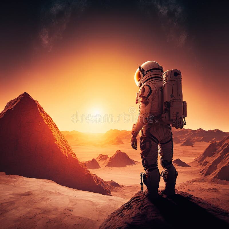 Astronaut Exploring Planet Mars with Sun and Mountains, Created Using ...