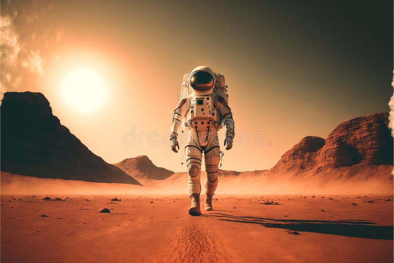 Astronaut Exploring Planet Mars with Sun and Mountains, Created Using ...