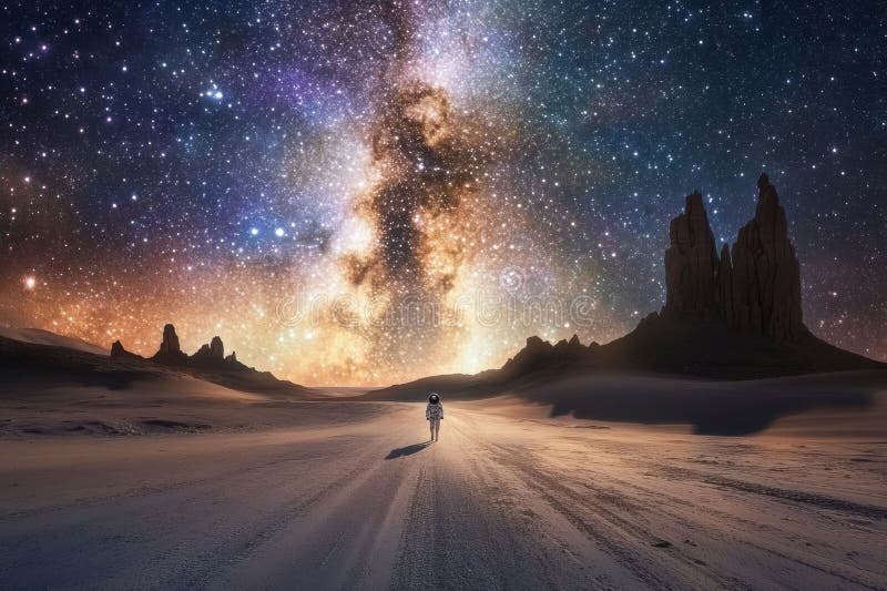 Astronaut Exploring a Vast Desert Under a Starry Night Sky with a ...