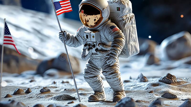 Astronaut with Flag on Moon Surface in Space Exploration Scene Stock ...
