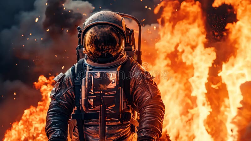 Astronaut in Flames with Dramatic Fire Background, Danger and Adventure ...