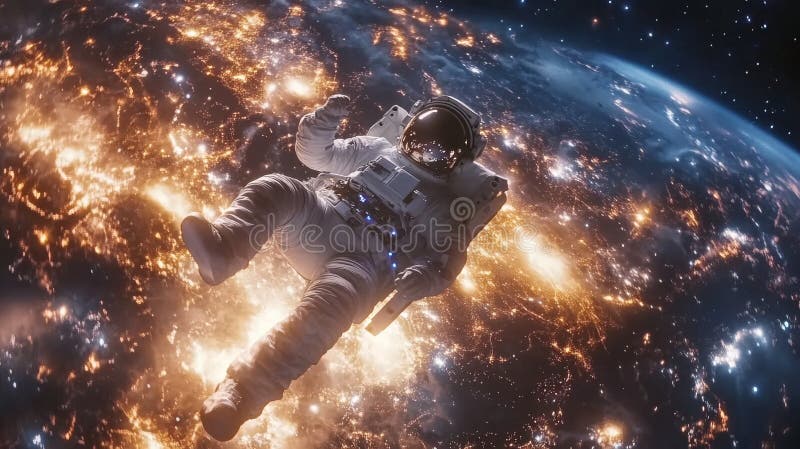 Astronaut Floating Above Illuminated Earth at Night Stock Photo - Image ...
