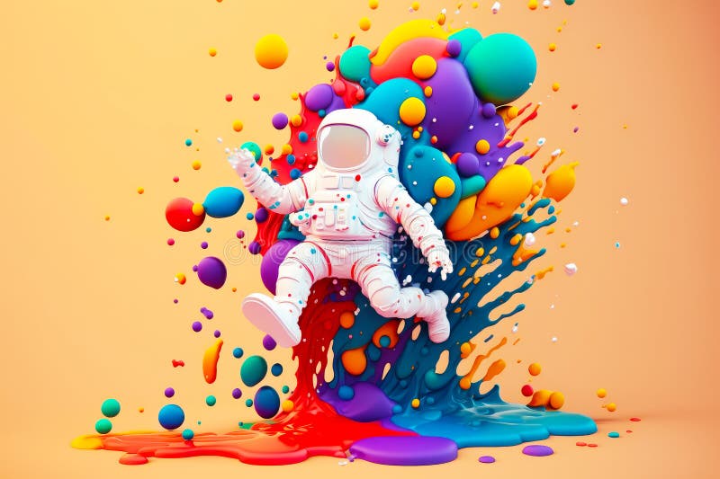 Astronaut Floating in the Air Surrounded by Colorful Bubbles and Liquid ...