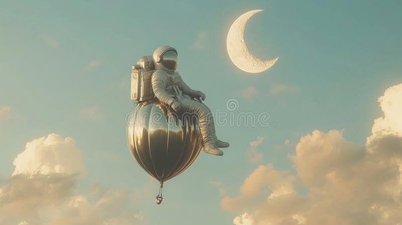 Astronaut Floating on Balloon, Moon in Background, Clouds, Surreal ...