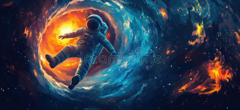 Astronaut Floating through Colorful Cosmic Vortex with Bright Star at ...