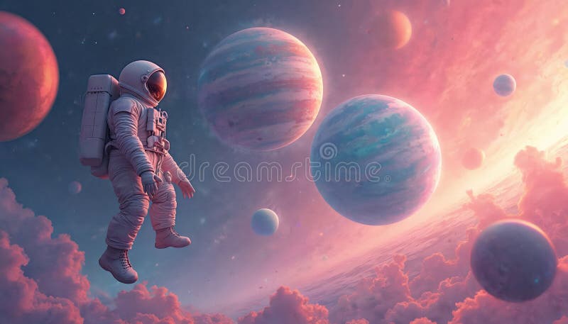Astronaut Floating in Imaginative Solar System. Planets Rendered in ...