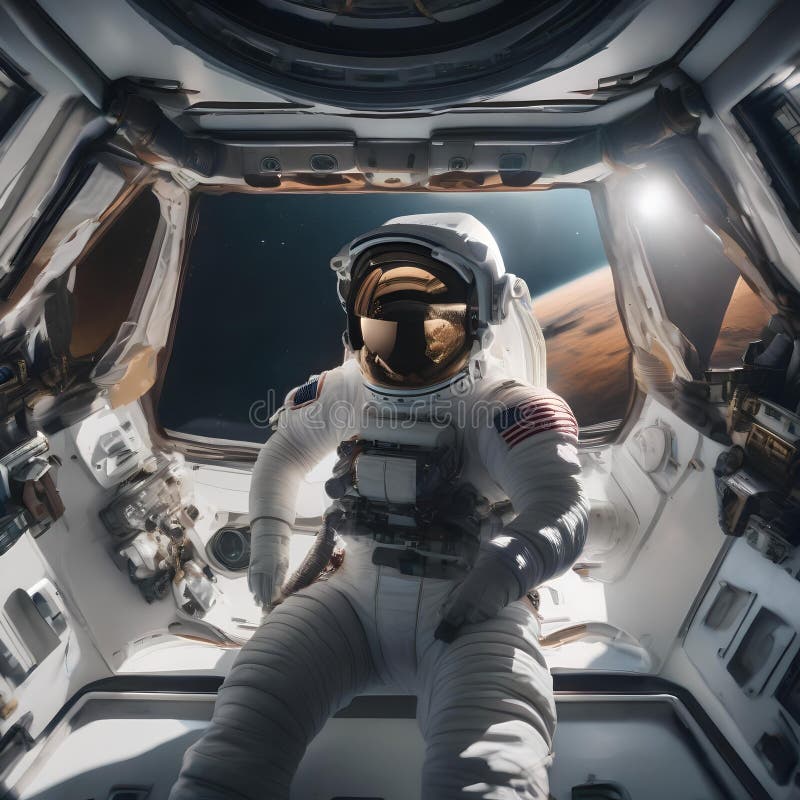 An Astronaut Floating Inside a Spacecraft, Looking Out of the Window at ...