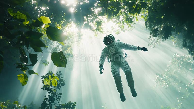 Astronaut Floating in Lush Green Jungle with Sunbeams Stock Video ...