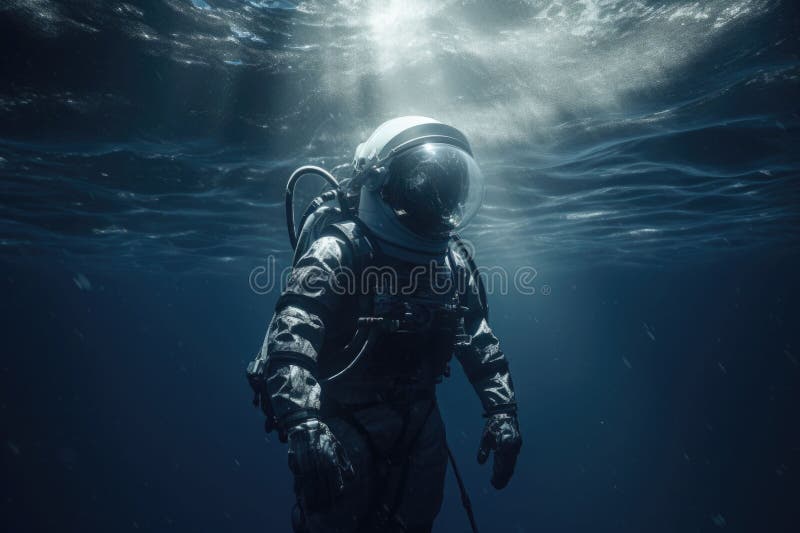 An Astronaut is Floating in the Ocean. Spaceman in the Underwater Stock ...