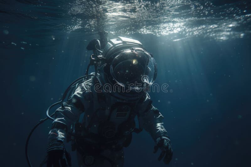 An Astronaut is Floating in the Ocean. Spaceman in the Underwater Stock ...