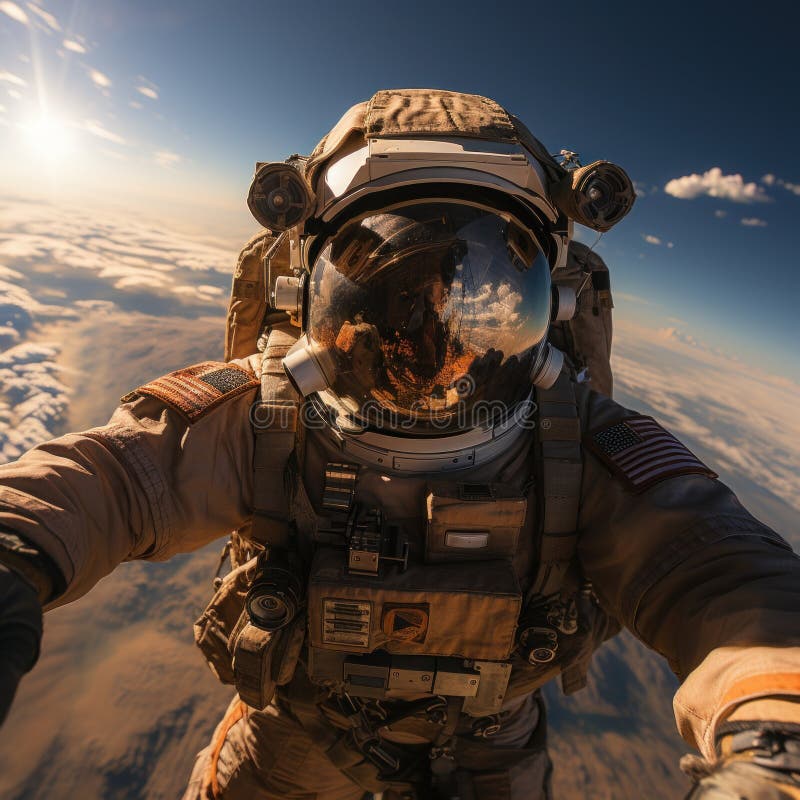 Astronaut Floating Outside the Space Station, Holding Onto a Tether and ... Astronaut Floating Outside the Space Station, Holding Onto a Tether and ...