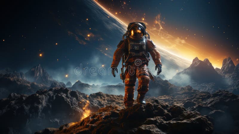 Astronaut Floating Outside the Space Station, Holding Onto a Tether and ...