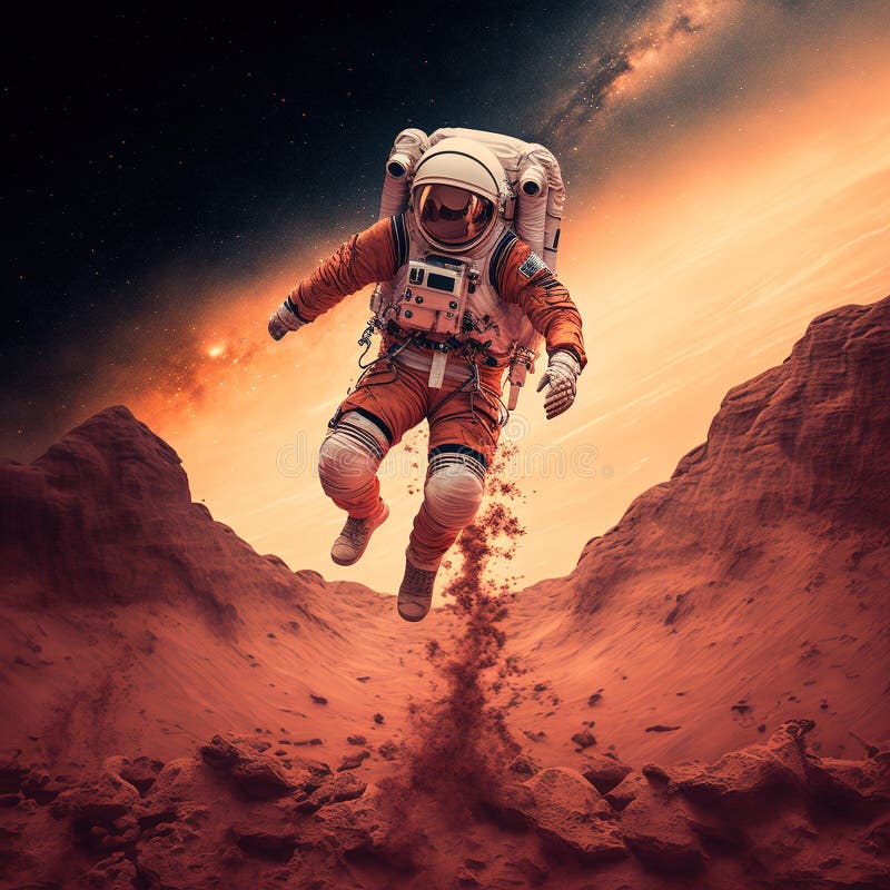Astronaut Floating on Planet Mars with Mountains, Created Using ...