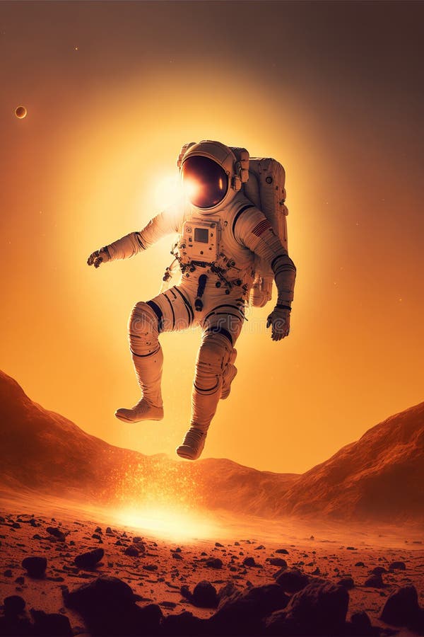 Astronaut Floating on Planet Mars with Sun and Mountains, Created Using ...