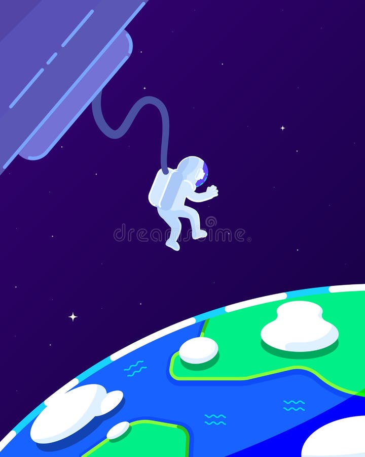Astronaut Floating In The Space Approaching Earth Flat Illustration