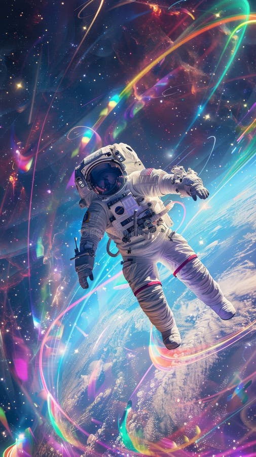 Astronaut Floating in Space with Colorful Neon Lights, Surreal Cosmic ...
