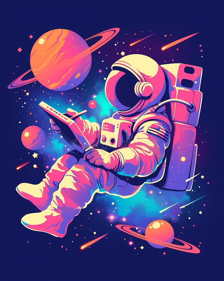 An Astronaut Floating in Space Galaxy, Neon Colors Stock Illustration ...