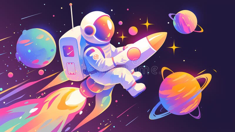 An Astronaut Floating in Space Galaxy, Neon Colors Stock Illustration ...