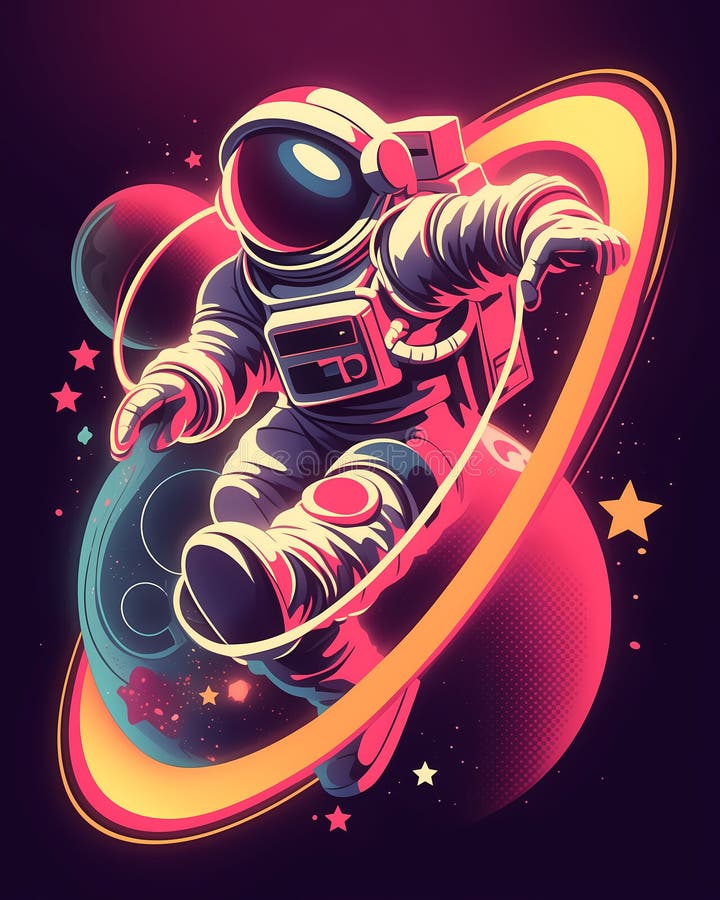 An Astronaut Floating in Space Galaxy, Neon Colors Stock Illustration ...