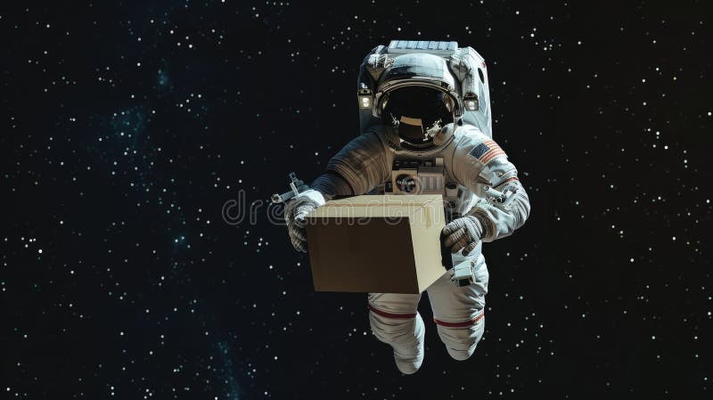 An Astronaut is Floating in the Space and Holding a Brown Cardboard Box ...