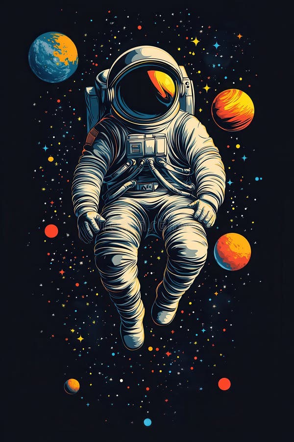 Astronaut Floating in Space among Planets and Stars Stock Illustration ...