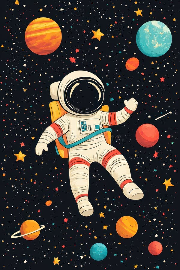Astronaut Floating in Space among Planets and Stars Cosmic Adventure ...
