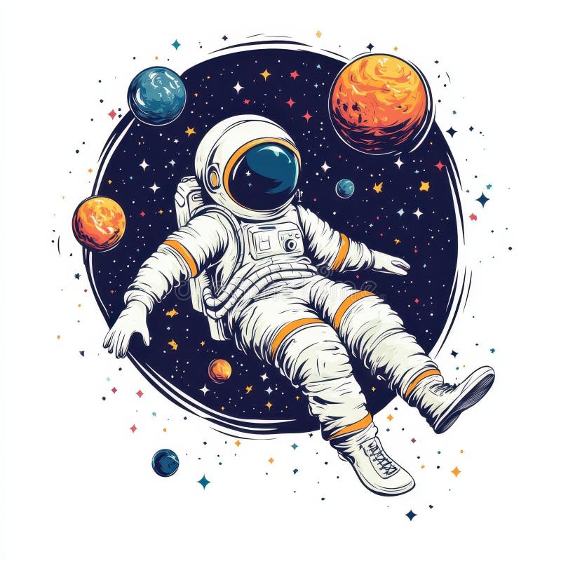 Astronaut Floating in Space among Planets Stars and Cosmic Dust Stock ...