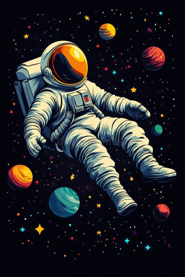 Astronaut Floating in Space among Planets and Stars Cosmic Exploration ...