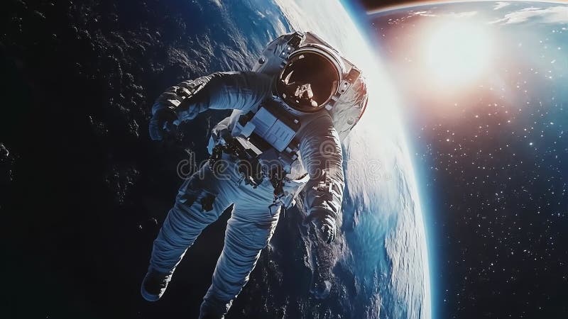 Astronaut Floating in Space with Earth and Sunrise in the Background ...