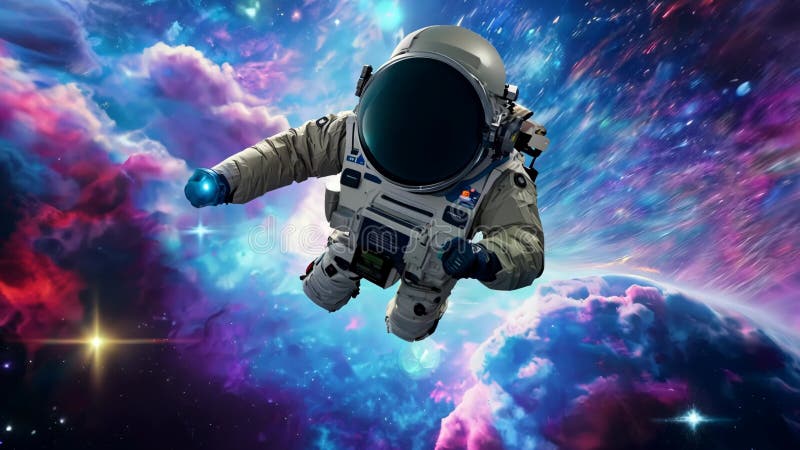 Astronaut Floating in Space with Surreal Psychedelic Galaxy and Planet ...
