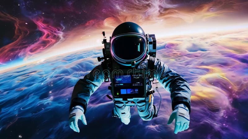 Astronaut Floating in Space with Surreal Psychedelic Galaxy and Planet ...