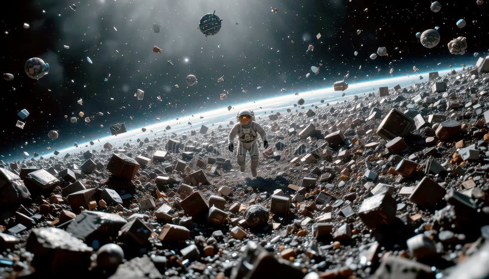 Astronaut Floating in Space Surrounded by Debris and Cosmic Objects ...