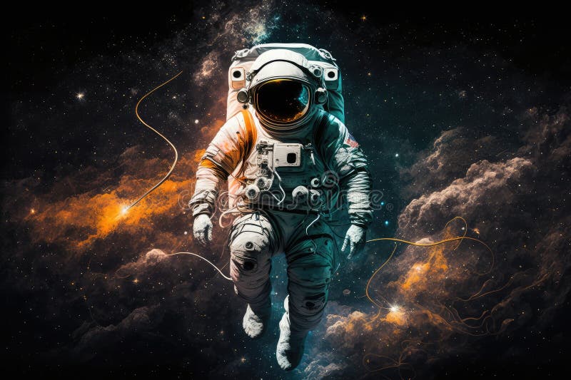Astronaut, Floating through Space, with View of Stars and Planets ...