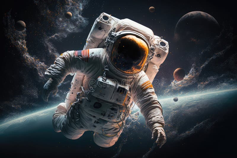 Astronaut, Floating through Space, with View of Stars and Planets ...