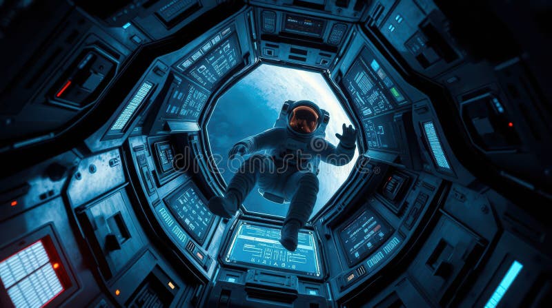 Astronaut Floating in Spacecraft Exiting into the Vastness of Outer Space Stock Illustration ...