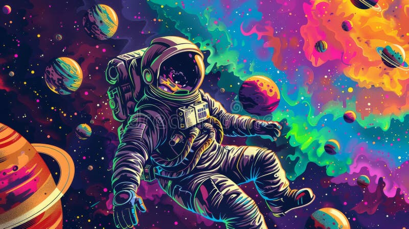 Astronaut Floating in Vibrant Colorful Space with Planets, Fantasy Sci ...
