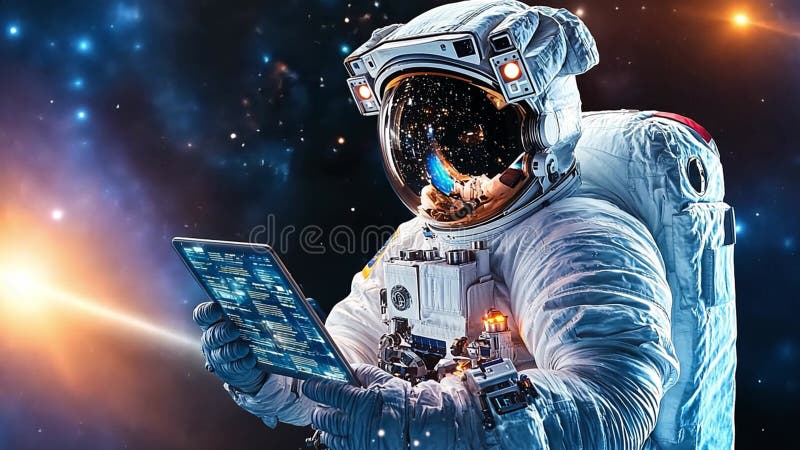 Astronaut in Space Using a Tablet To Explore the Cosmos and Connect ...