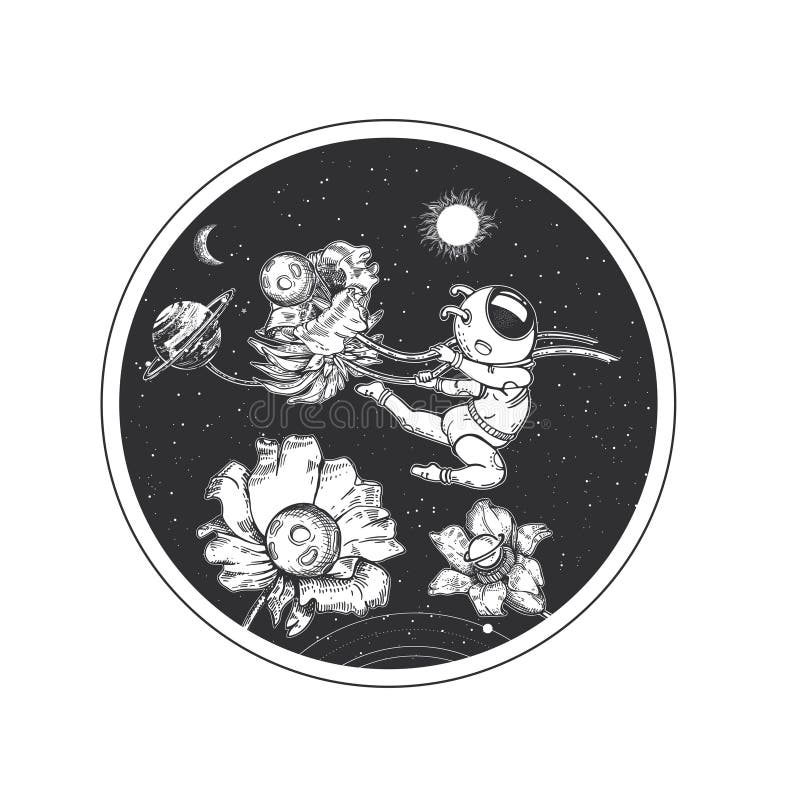 Astronaut, Flower and Planet. Pixie in Space. Space Print Stock Vector ...