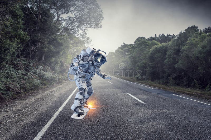 Spaceman on Flying Board. Mixed Media Stock Image - Image of board ...