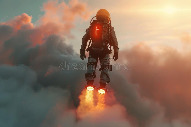 Astronaut Flying with Jetpack Above the Clouds at Sunset Stock ...