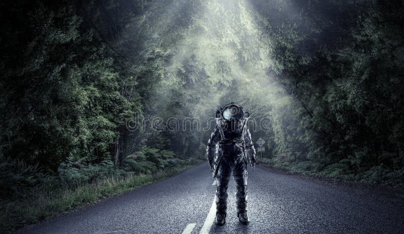 Astronaut in Forest . Mixed Media Stock Image - Image of ecological ...