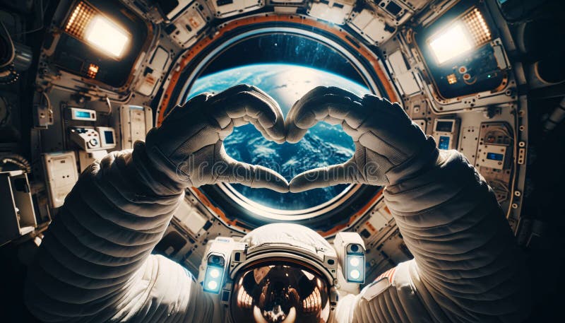 Astronaut Forms Heart Shape with Earth in Background Stock Illustration ...