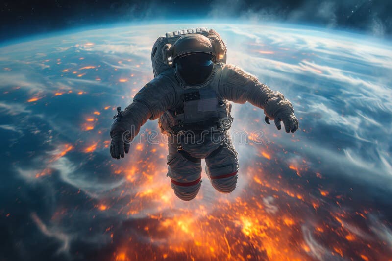 Astronaut Free-Floating Above Earth& X27;s Fiery Atmosphere. Stock ... Astronaut Free-Floating Above Earth& X27;s Fiery Atmosphere. Stock ...