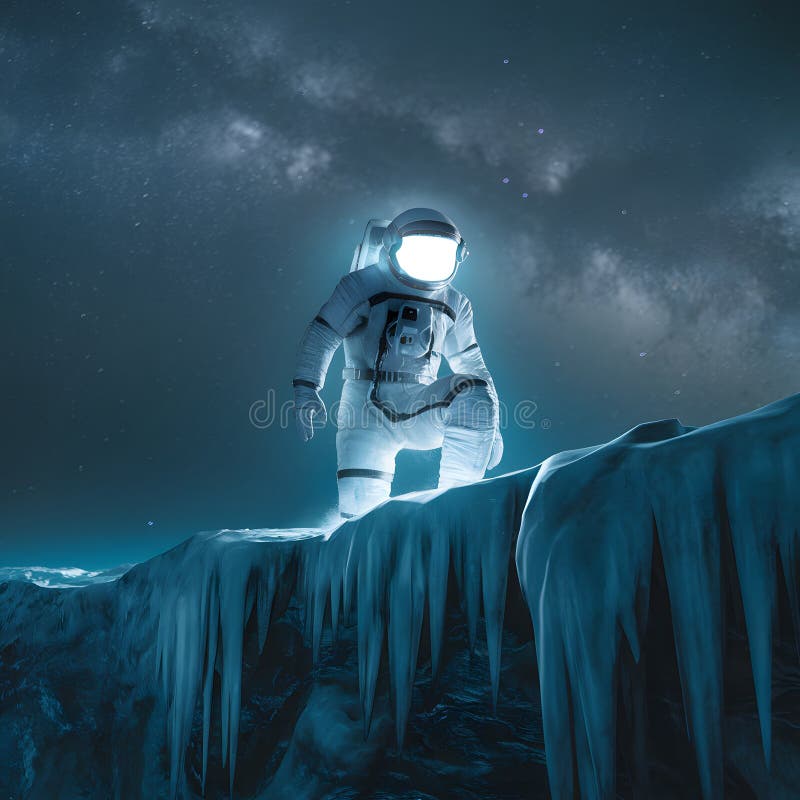 Astronaut on a Frozen Ledge with a Glowing Visor and Starry Sky ...